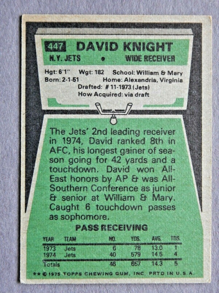 David Knight #447 Topps 1975 Football Card (New York Jets) VG | eBay
