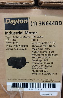 Dayton 3N644BD 1.5HP AC Motor 208-230/460V 3Ph 50/60HZ 1725 56H FRAME ...