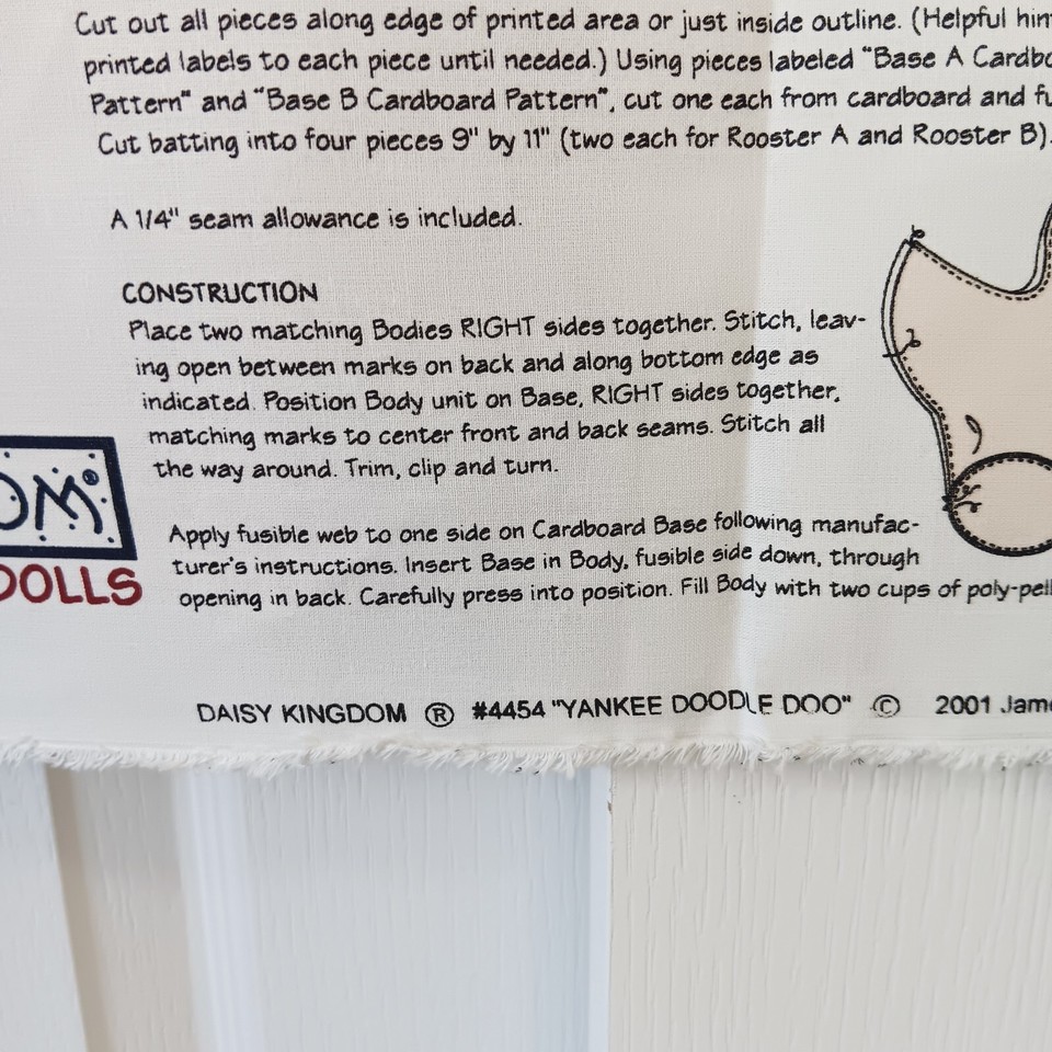 2001 Daisy Kingdom Yankee Doodle Doo Dolls Roosters Cut And Sew Panel ...