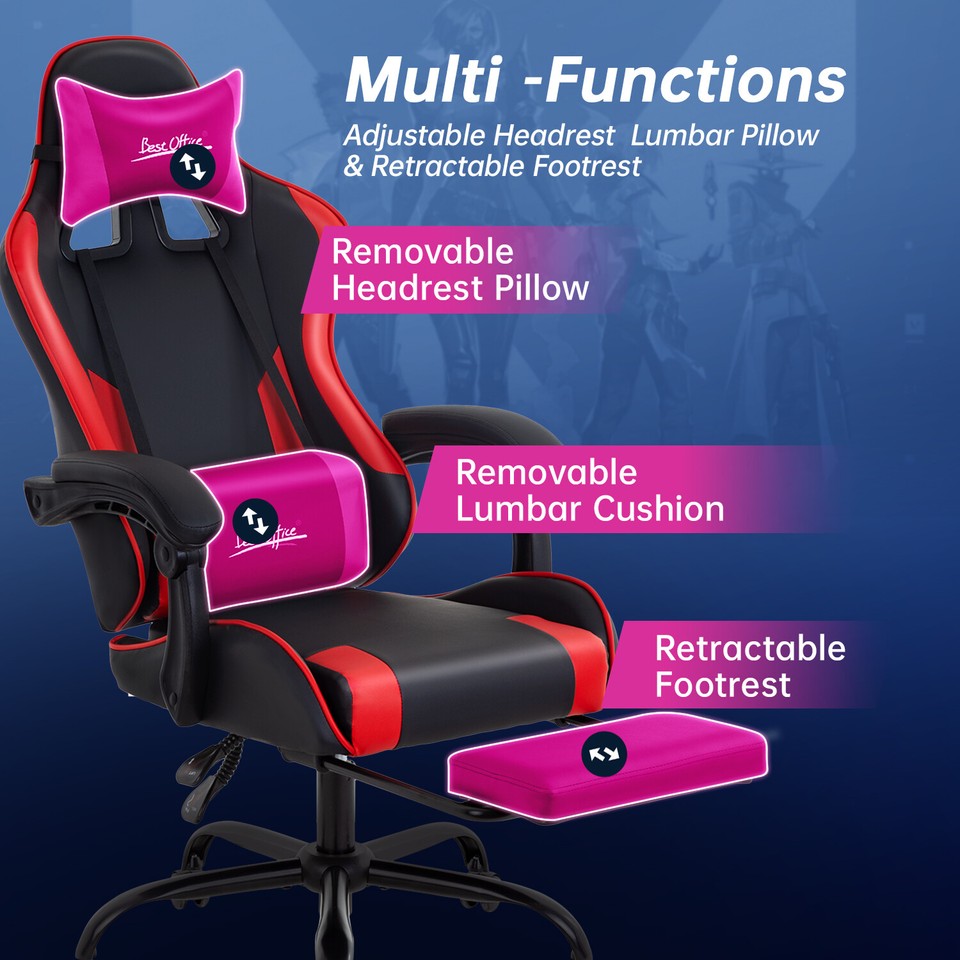Gaming Chair Office Chair w/Footrest Lumbar Support Headrest Armrest ...