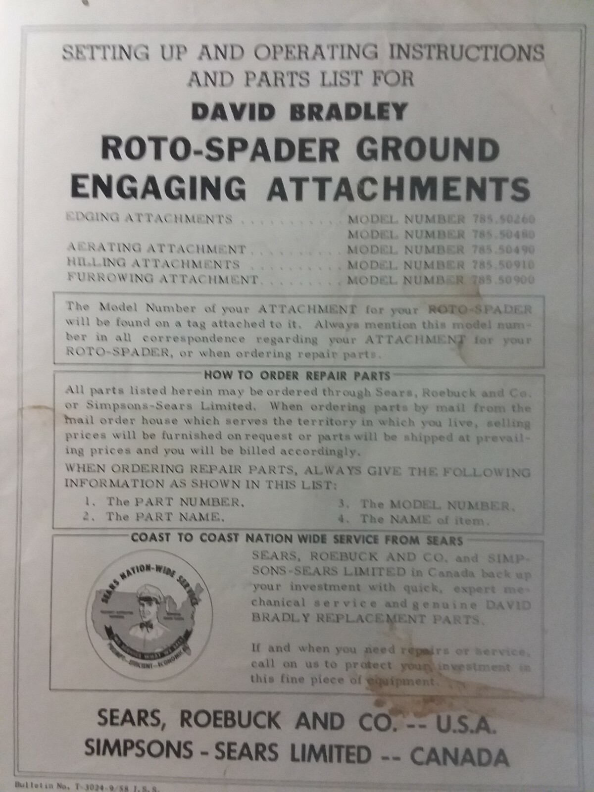 Sears David Bradley Tiller Roto-Spader Implements 785.50900 Owner ...