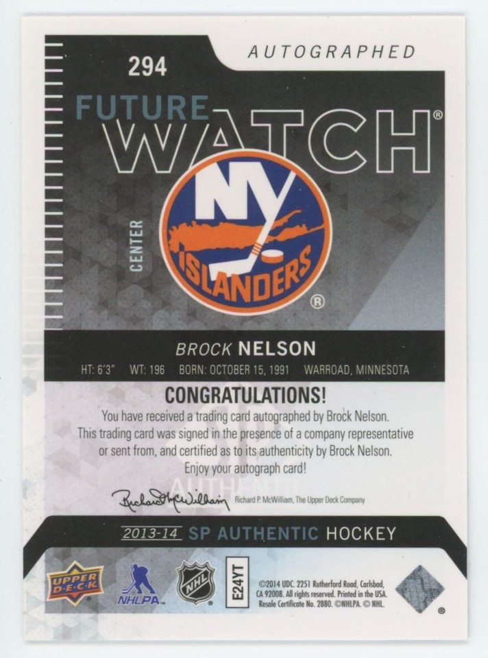 2013-14 SP AUTHENTIC Brock Nelson FUTURE WATCH RC ROOKIE AUTO /999 | eBay