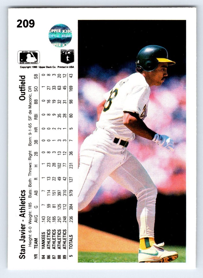 1990 Upper Deck #209 Stan Javier Oakland Athletics BASEBALL Card | eBay