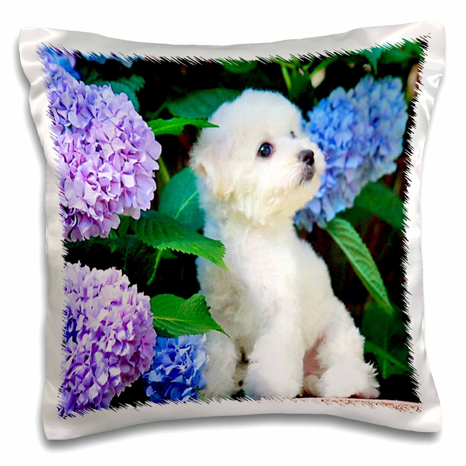 3dRose Adorable Bichon Frise Puppy Among Hydrangeas 16x16 inch Pillow ...