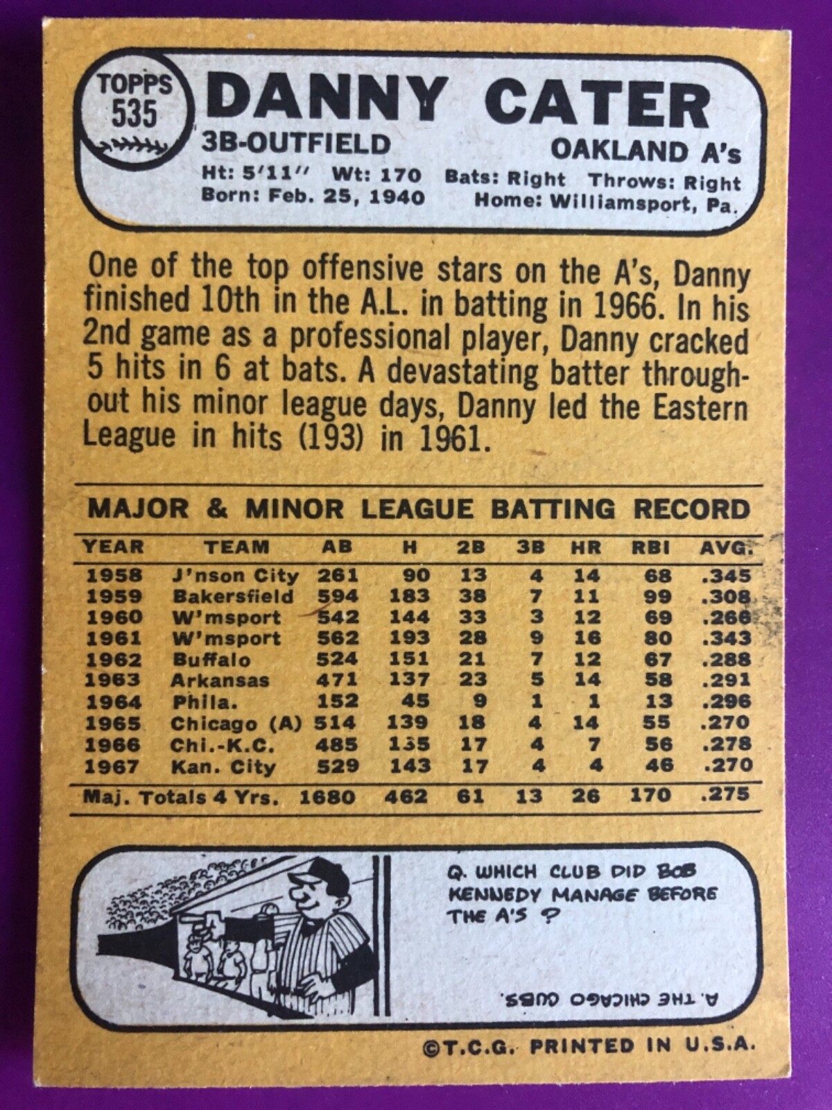 1968 Topps - High # #535 Danny Cater for sale online | eBay