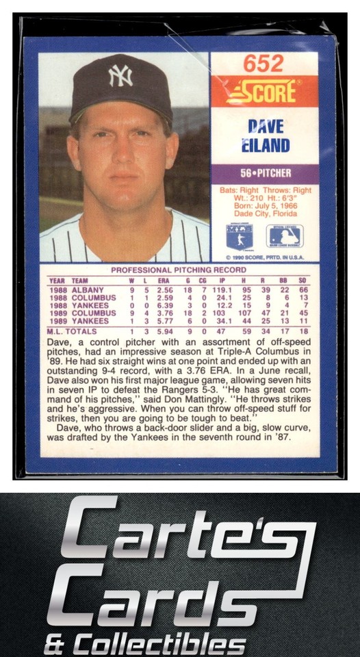 Dave Eiland 1990 Score #652 New York Yankees TTM/IP Signed Autographed ...