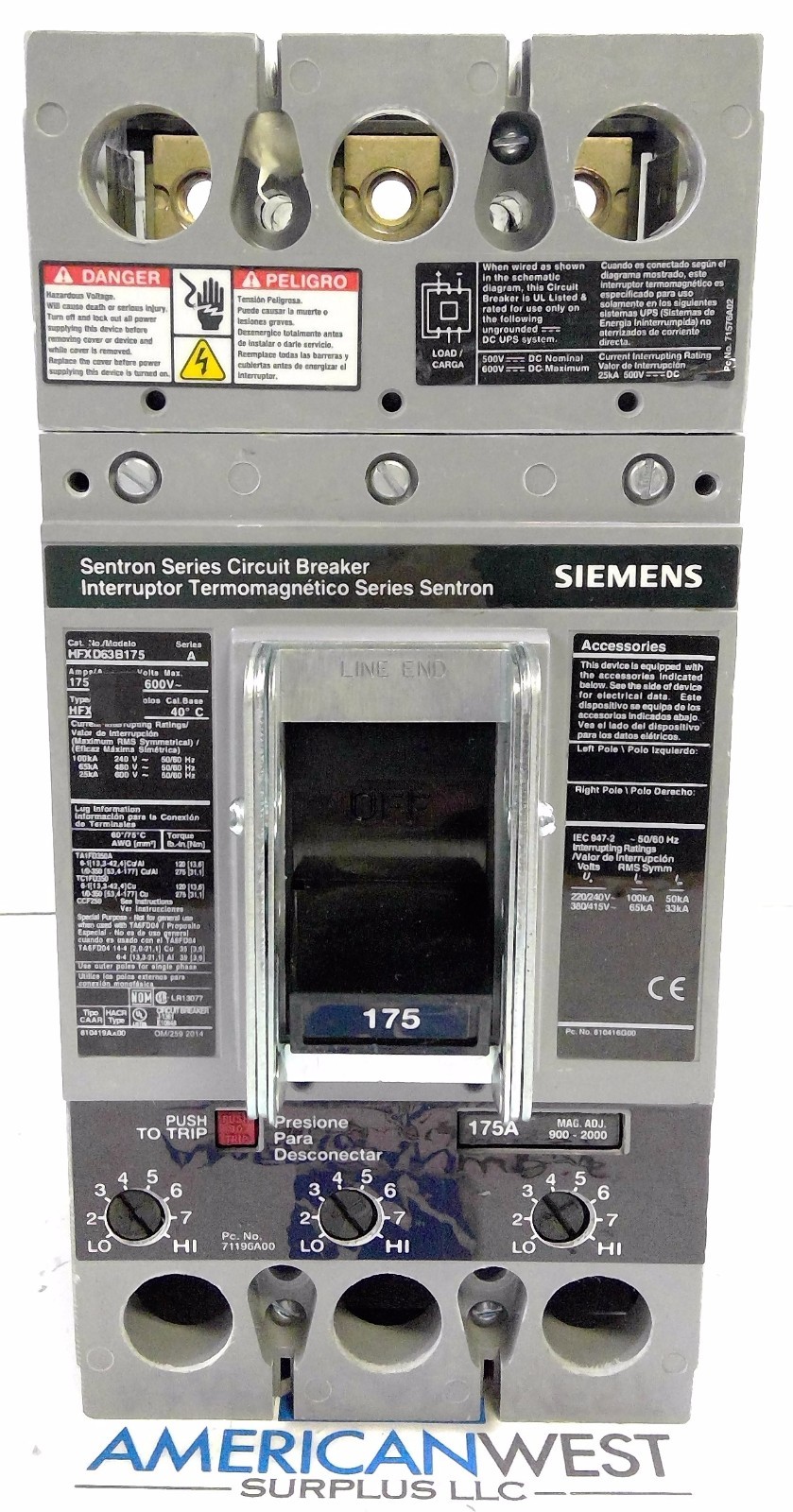 NEW Siemens HFXD6 3 pole 175 amp 600v HFXD63B175 Sentron Circuit ...