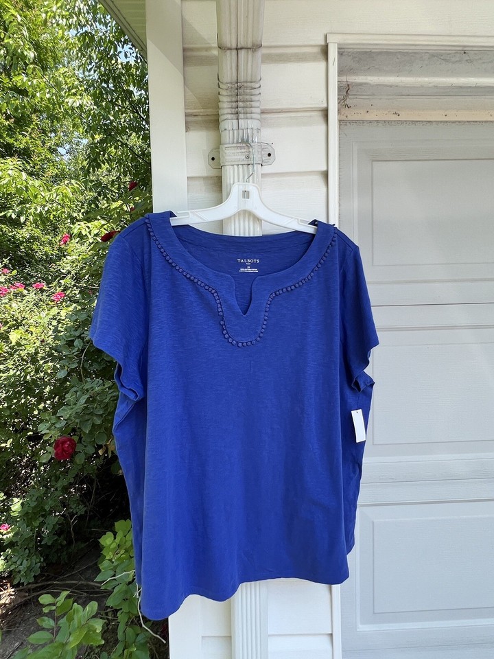 NWT Talbots Pretty Royal Blue Split Neck Dot Lace Trim Short Sleeve Top 2X | eBay