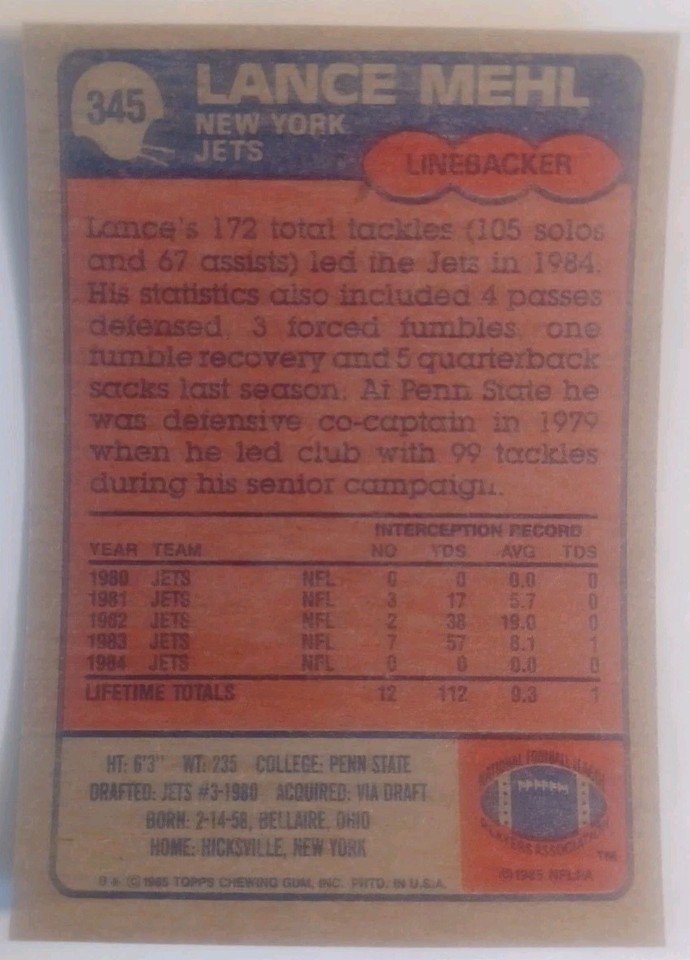 1985 TOPPS #345 NEW YORK GIANTS LANCE MEHL [2] NM/MT 06290 | eBay
