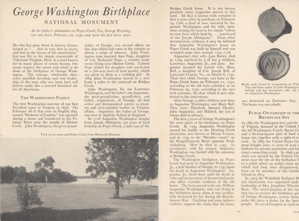 1947 George Washington Birthplace National Monument - Virginia: Trifold ...