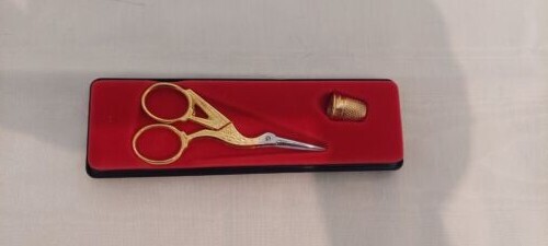 ROBERT KLAAS HANDMADE 3-1/2" GOLD PLATED STORK SCISSORS & THIMBLE ...