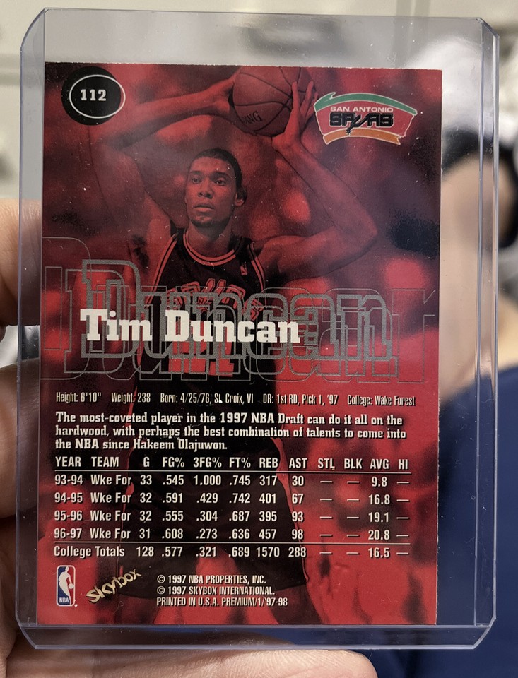 1997-98 Skybox Premium Tim Duncan Rookie RC Card #112 San Antonio Spurs ...