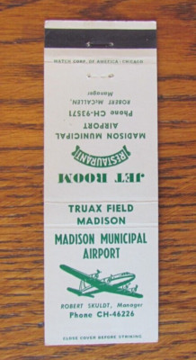 AIRPORT MATCHBOOK COVER: TRUAX FIELD MADISON MUNICIPAL AIRPORT ...