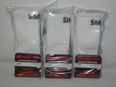 3 PAIRS Snap-On CREW Socks Men's WHITE LARGE ~ FREE SHIPPING ~ MADE IN ...
