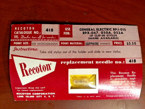new NOS Recoton 418 Needle .001 Microgroove SAPPHIRE FITS ASTATIC G.E ...