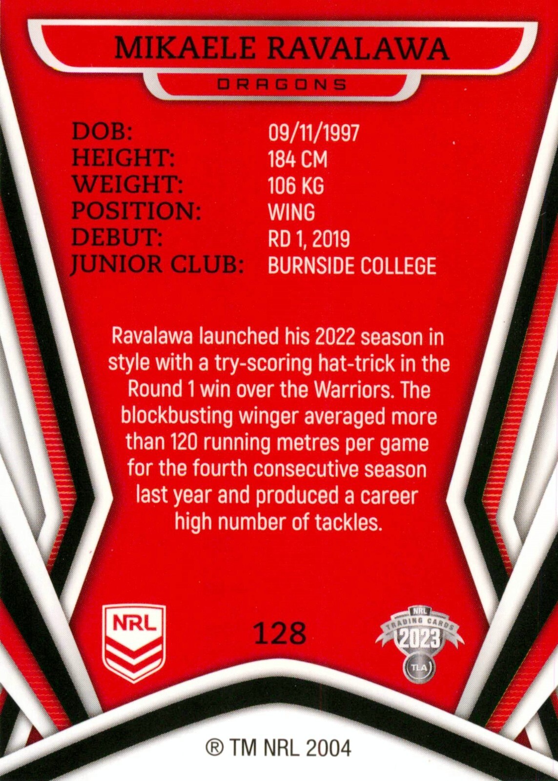 Signed 2023 St George Illawarra Dragons NRL TLA Traders Card - Mikaele ...