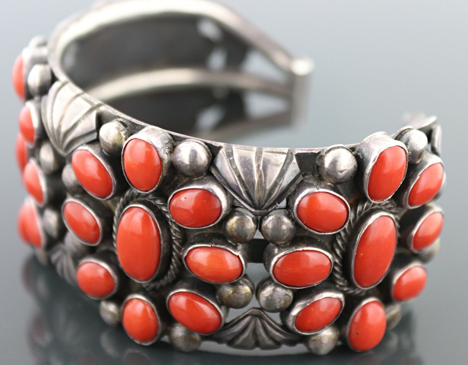 P. J. Begay Navajo Sterling Silver Coral Bangle Brace… - Gem