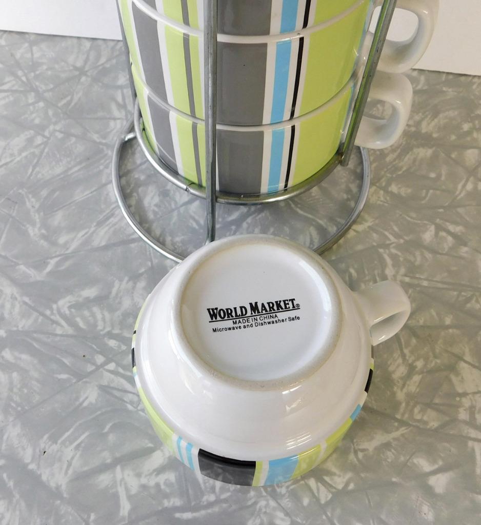 World Market Stacking Coffee Mugs in Chrome Metal Rack set of 6 Mod ...