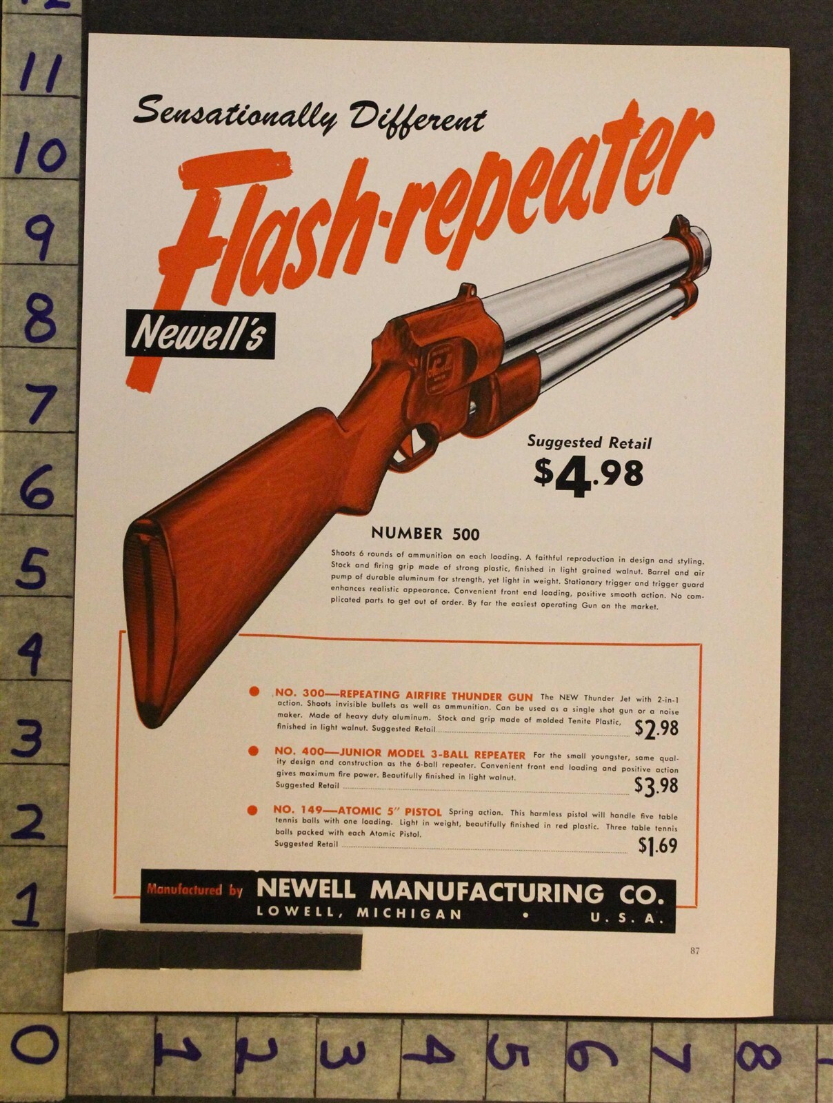 1952 TOY AD FLASH REPEAT RIFLE AIR PRESSURE BALL GUN NEWELL MFG LOWELL ...