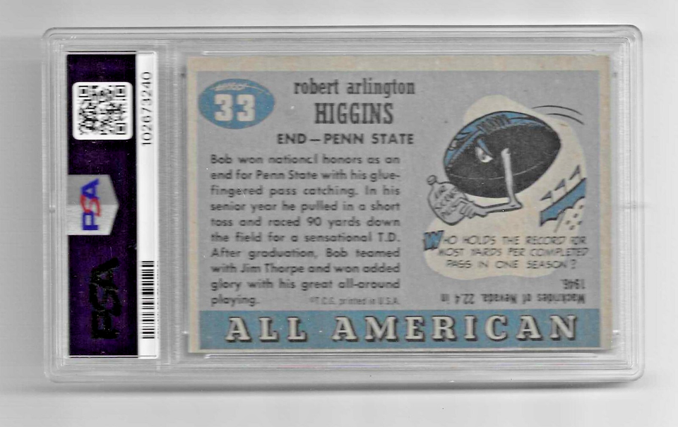1955 ALL AMERICAN FOOTBALL CARD #33 BOB HIGGINS RC PSA 7 NQ PENN STATE ...