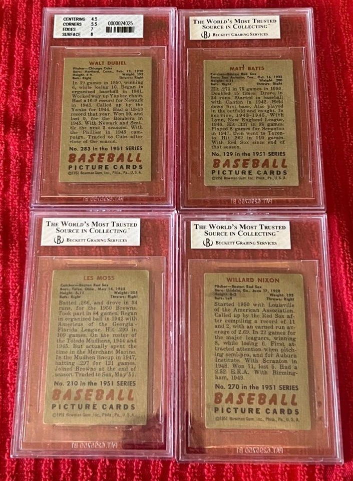 1951 Bowman Baseball BVG 4 Card Lot Dubiel Batts both BVG 5 & Moss ...