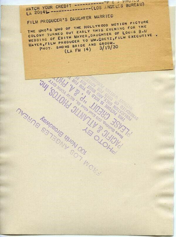 Louis B. Mayer Daughter Wedding Edith William Goetz 1930 Original ...