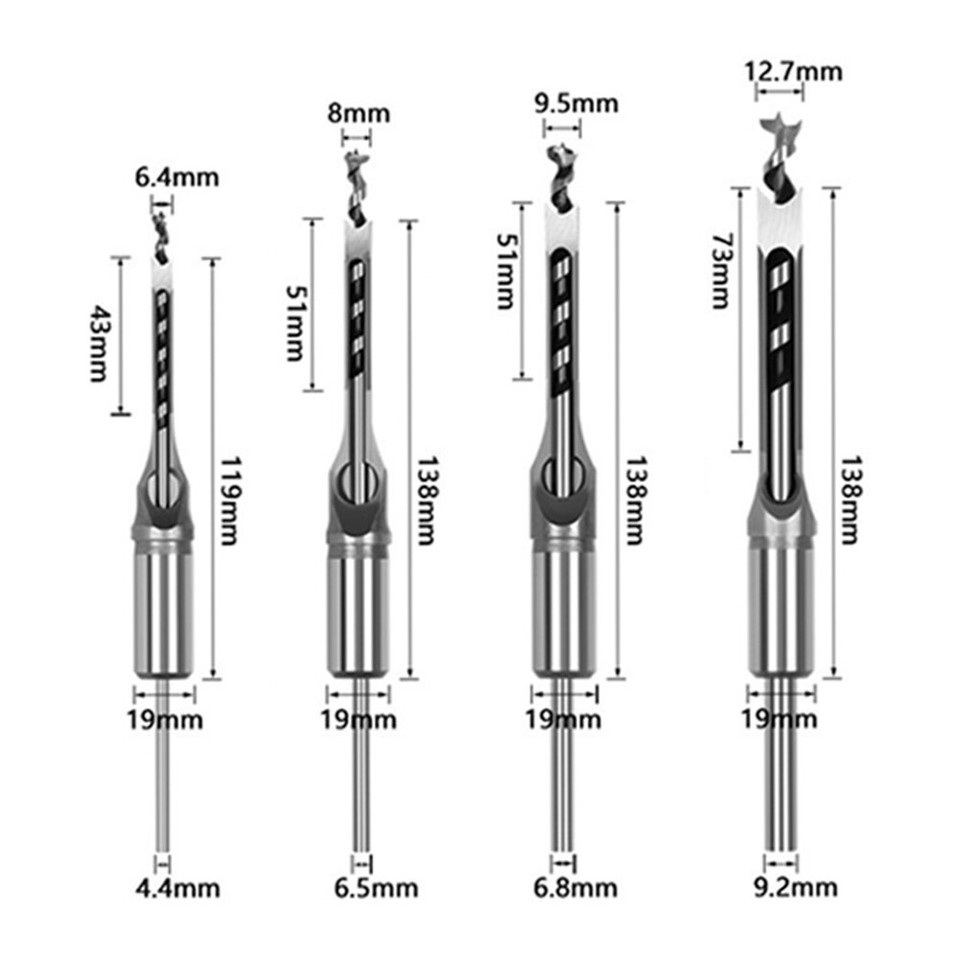 4PCS Square Hole Drill HSS Auger Mortising Chisel Drill Set Mortiser ...