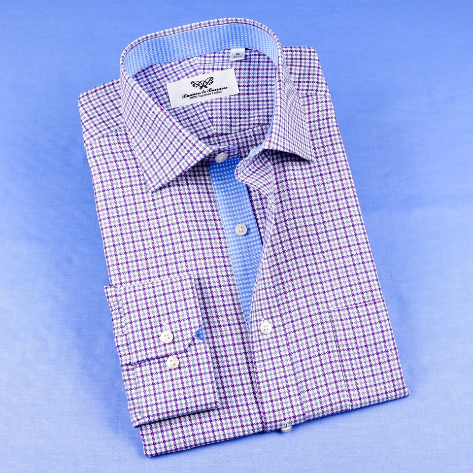 Mens Lilac Check Professional Formal Business Shirts With Elegant Inner ...