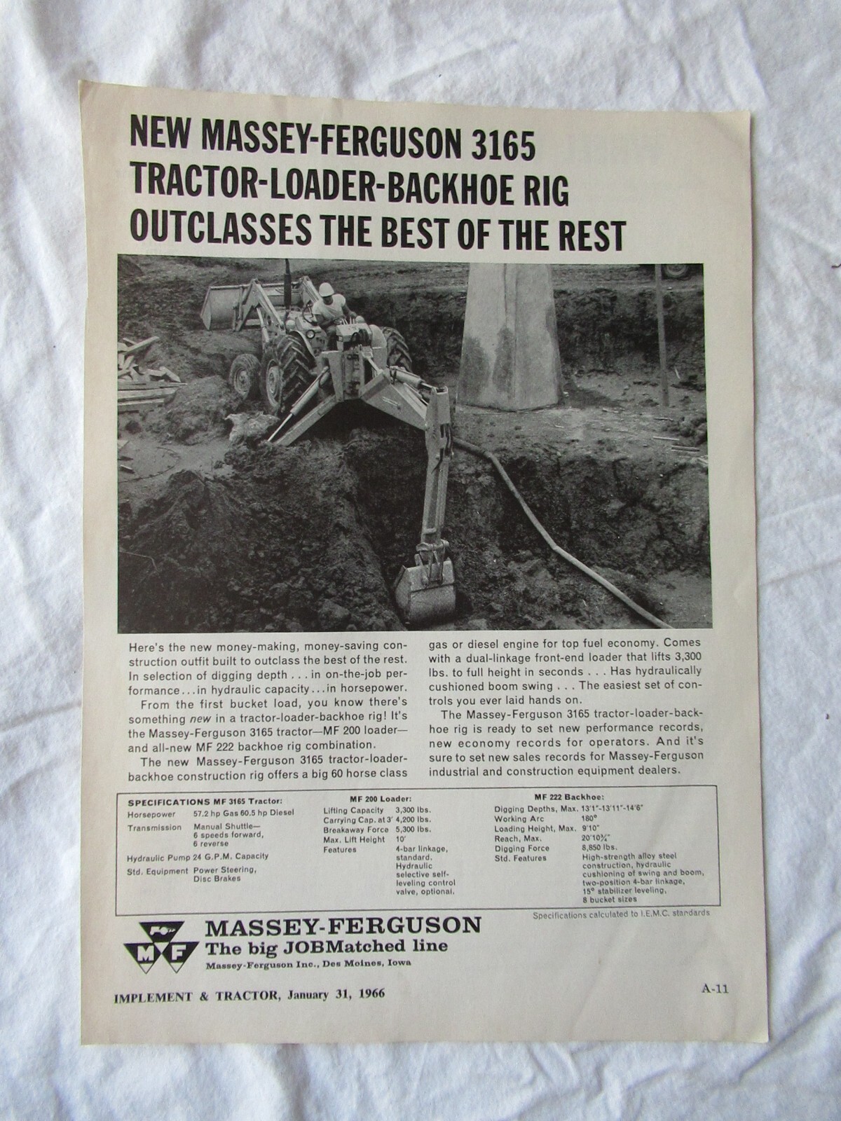 1968 Print AD Massey Ferguson MF 3165 Tractor Loader Backhoe 11X8" | eBay