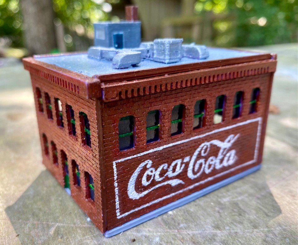 N scale factory building, completed and painted, hand painted Coca-Cola ...