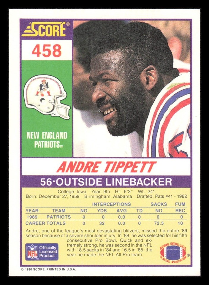 1990 Score Andre Tippett Football Card #458 New England Patriots | eBay