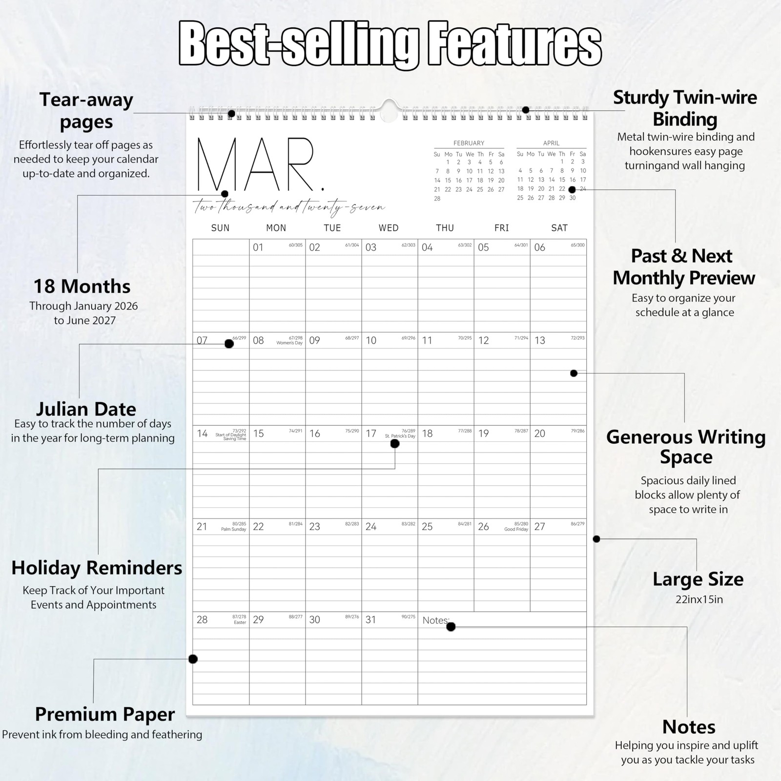 Large Wall Calendar 2026-2027, Vertical Calendar Wall 2026,