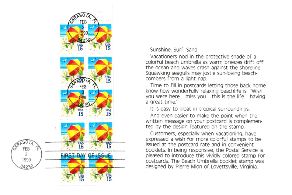 USPS FDC Ceremony Program #2443 C1 Beach Umbrella Bklt Pane SARAPEX ...