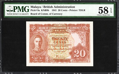 Malaya British Administration 20 Cents P9a 1941 PMG58 Choice aUNC ...