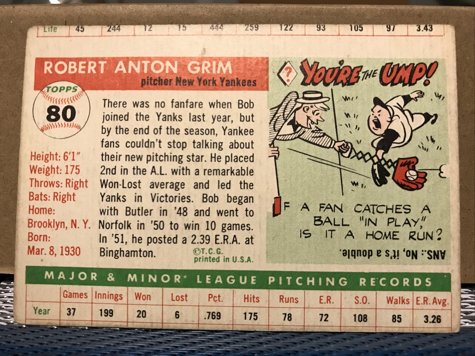 1955 Topps Bob Grim #80 New York Yankees Vintage Baseball Card - Miscut ...