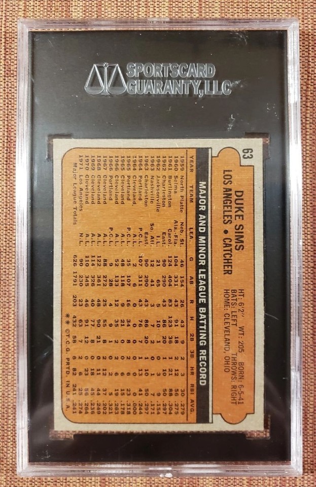 1972 Topps #63 Duke Sims Los Angeles Dodgers Baseball Card SGC 10 Gem ...
