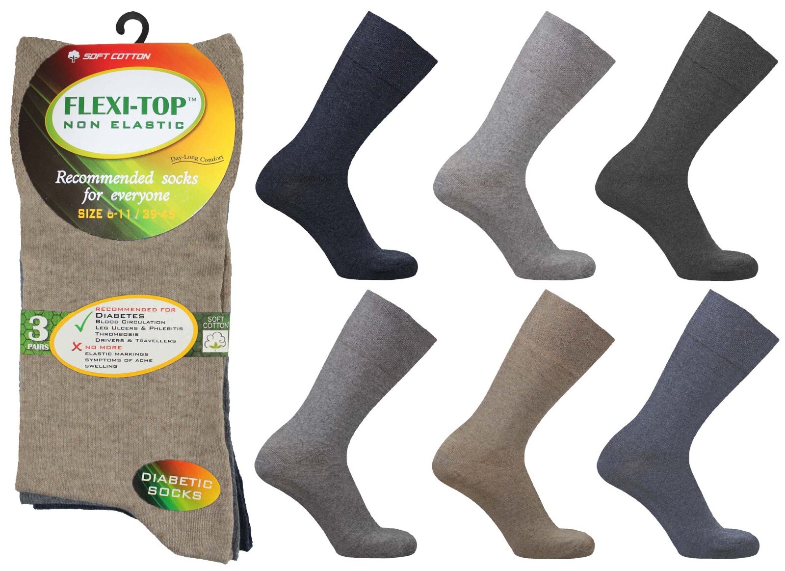 Men Socks Cotton Rich Flexi Loose Soft Top Non Elastic Diabetic Socks 6 ...