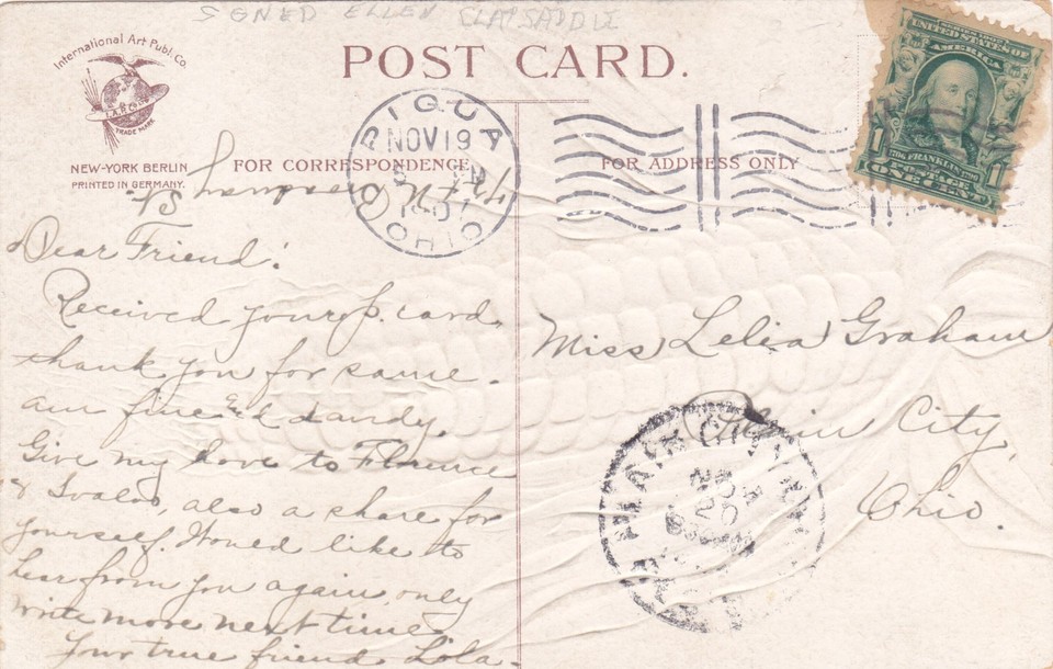 Clapsaddle "Good Wishes for Thanksgiving Day"- 1907- ear of corn- gilt ...