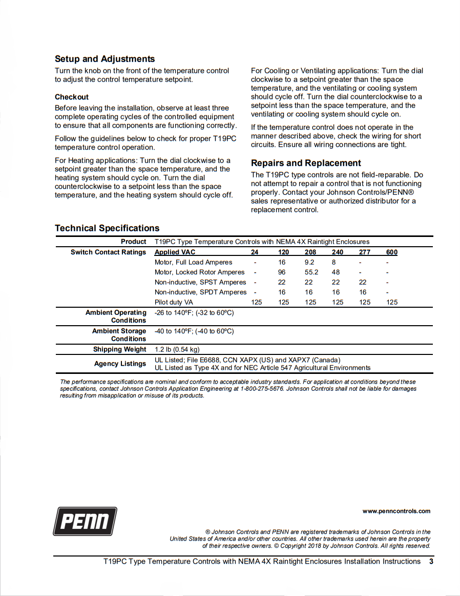 PENN Johnson Controls T19PC-3C Agricultural Thermostat Hired Hand P/N ...