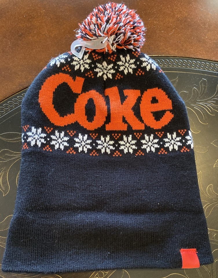 NEW Genuine Coca Cola Coke Logo Black Red Knit Pom Beanie Hat Cap Adult ...