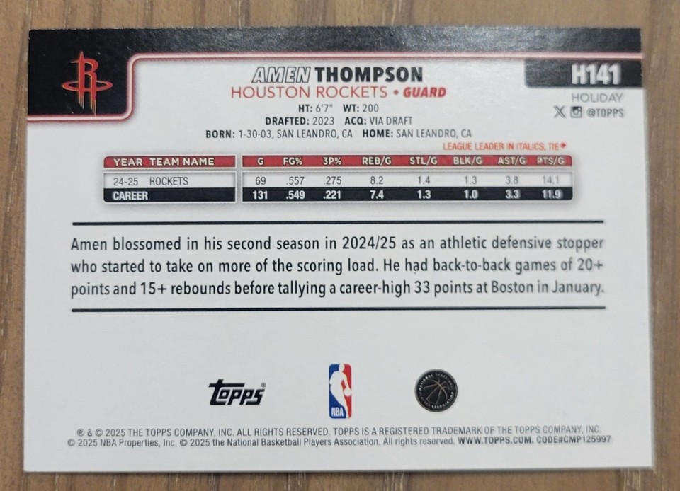 Amen Thompson 2025-26 Topps Holiday Blue Metallic Glitter #H141 Houston ...