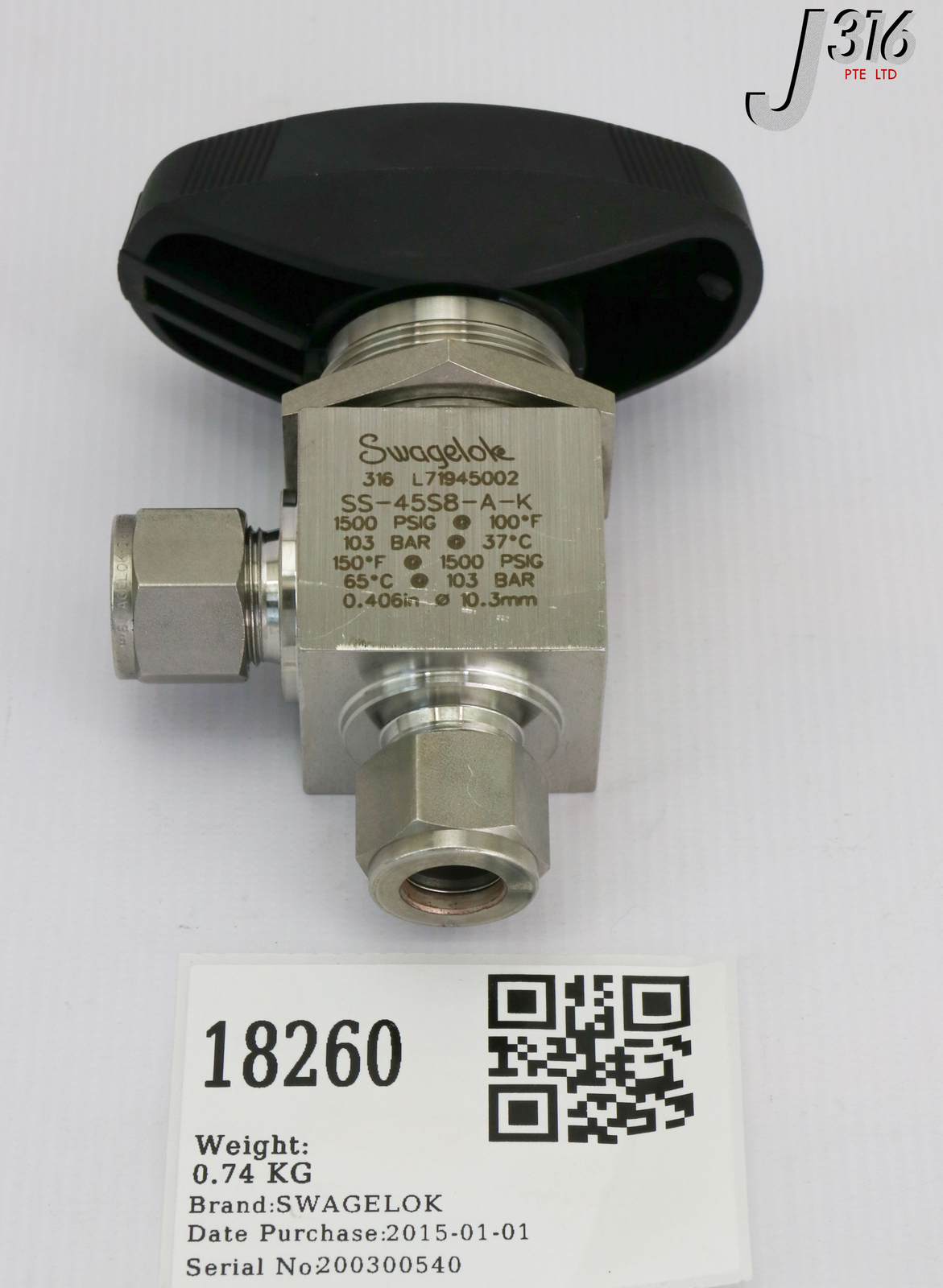 18260 SWAGELOK 40 SERIES ANGLE PATTERN BALL VALVE, 4.6 CV, 1/2 IN SS ...