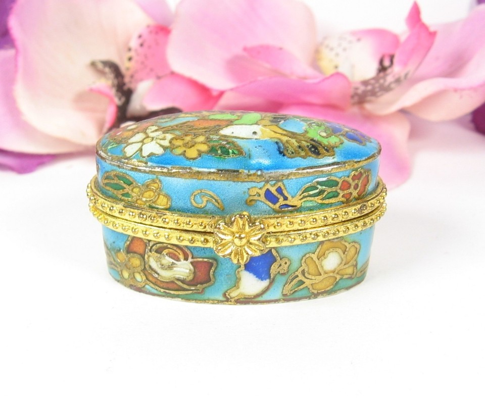BIRD & FLOWERS Vintage ENAMEL PILL BOX Cloisonne Hummingbird Colorful ...