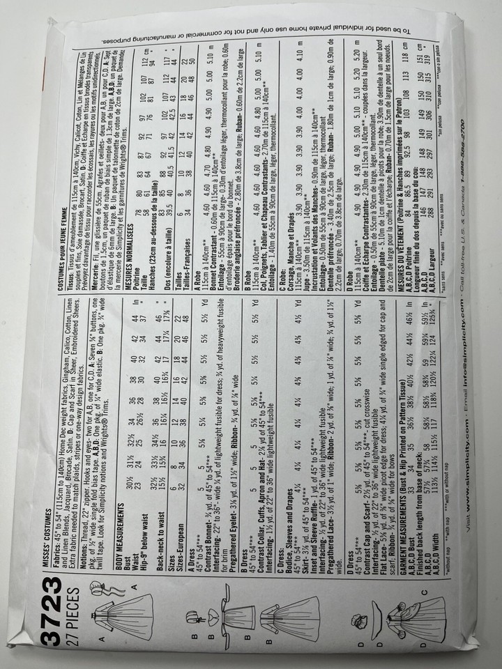 Simplicity 3723 Historical Colonial Dress Costumes Size 6-12 UNCUT ...