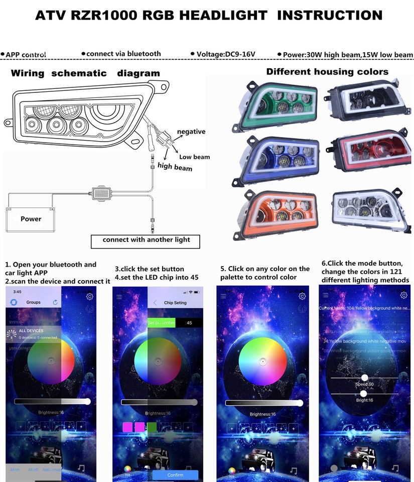 Pair Multi-Color Changing RGB Halo LED Headlights for Polaris RZR XP ...