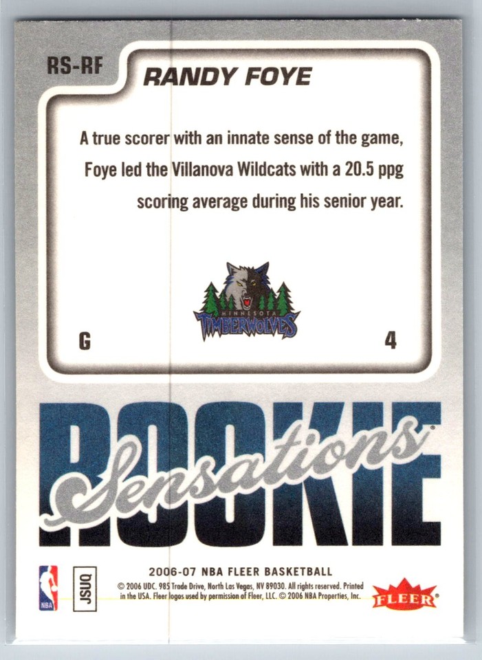 2006-07 Fleer Randy Foye Rookie Sensations Minnesota Timberwolves RC # ...