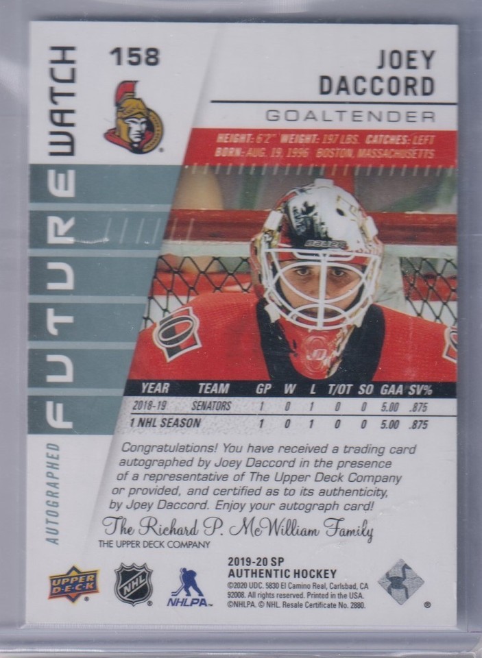 19-20 Joey Daccord SP Authentic Future Watch Rookie Auto /999 | eBay