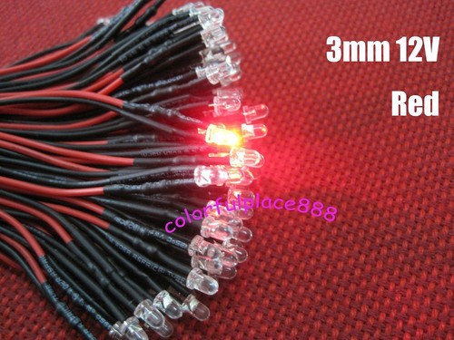 50pcs, 3mm Red Round 9V 12V DC Pre-Wired Water Clear Bright LED Leds ...