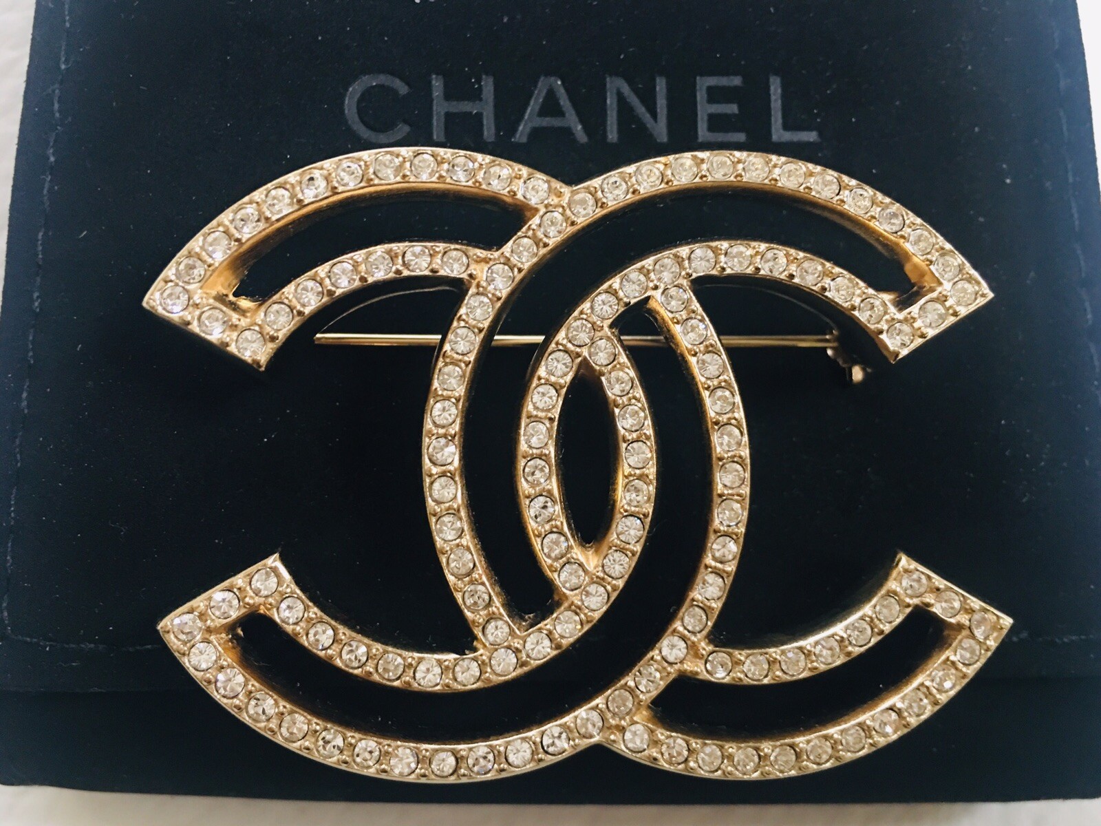 Authentic Chanel CC Logo Gold Crystals Brooch - Gem