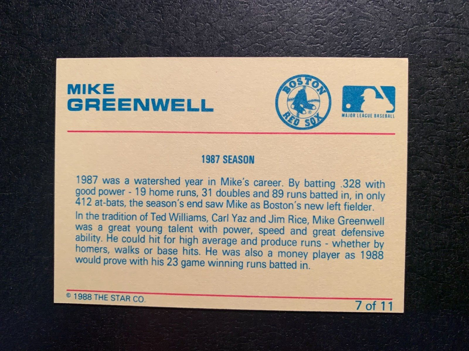 Mike Greenwell 1988 STAR COMPANY 1987 Season Card #7 of 11 BOSTON RED ...